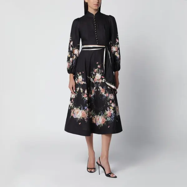Zimmermann Valiant Printed Linen Midi Dress In Bouquet - Black