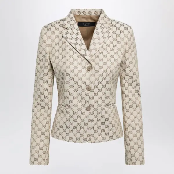 Gucci Fitted Jacket In New Sand Gg Cotton - Cream