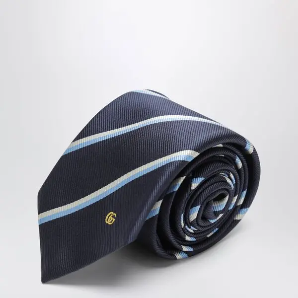 Gucci Striped Blue Silk Jacquard Tie With Double G - Multicolor
