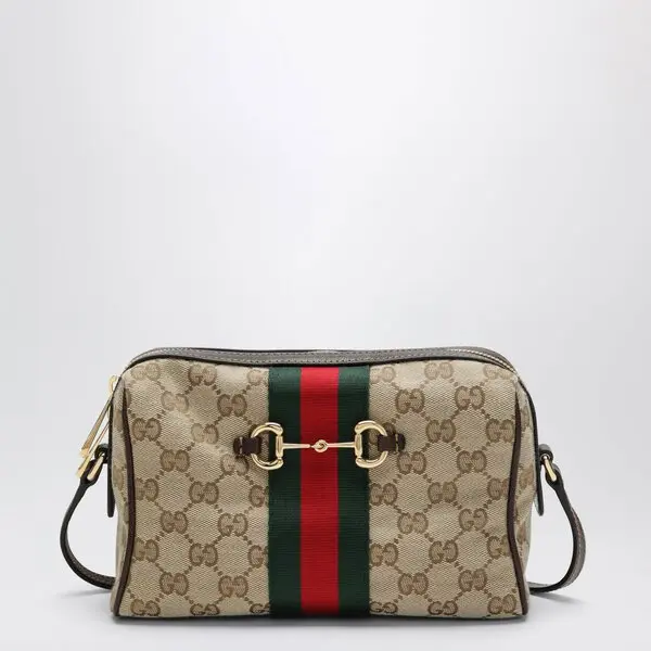 Gucci Small Horsebit Web Camera Bag In Vintage Sand Fabric - Cream