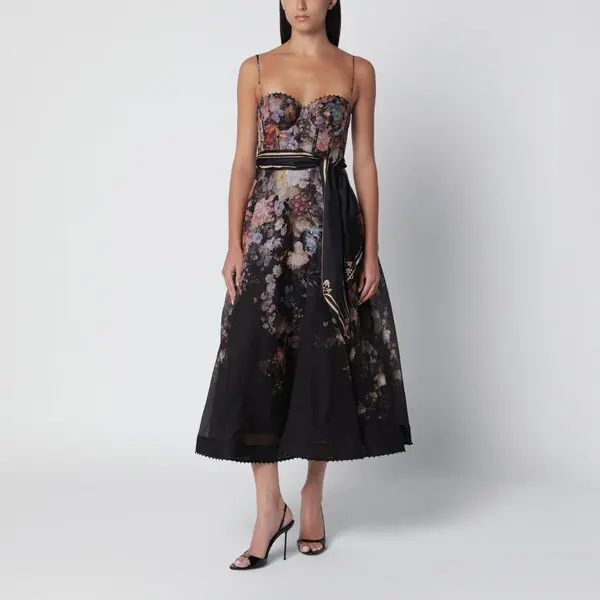 Zimmermann Valiant Floral Silk Linen Corset Midi Dress - Black