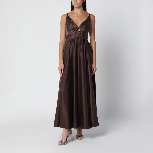 Zimmermann Long Draped Silk Dress In Bitter Chocolate - Brown