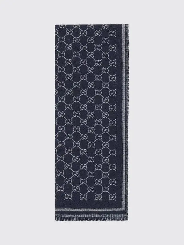 Gucci All-over Gg Motif Wool Scarf With Fringed Edges - Blue