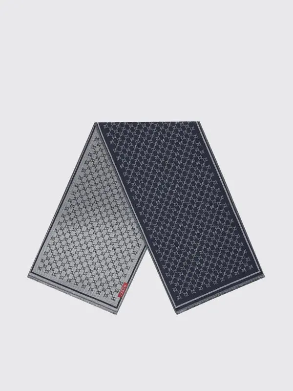 Gucci All-over Gg Motif Wool Scarf With Fringed Edges - Blue