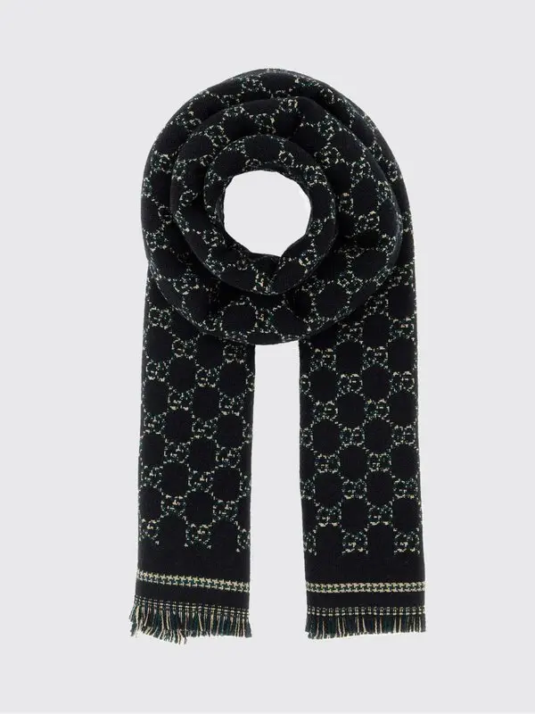Gucci All-over Gg Motif Wool Scarf With Fringed Edges