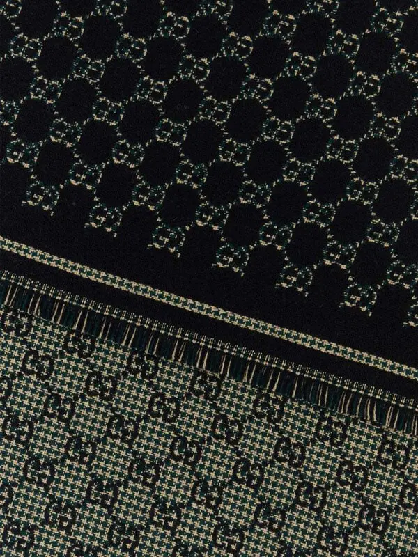 Gucci All-over Gg Motif Wool Scarf With Fringed Edges