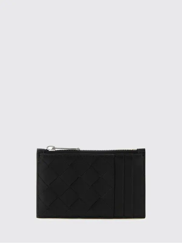 Bottega Veneta Woven Calfskin Card Holder With Zip And Six Slots - Black
