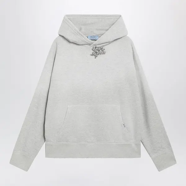 Prada Marble Cotton Hoodie With Jewel Brooch - Cream