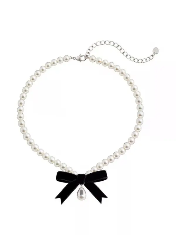SELF-PORTRAIT Velvet Bow Faux Pearl Pendant Necklace - White