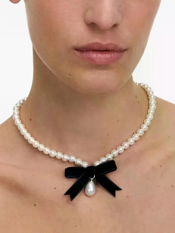 SELF-PORTRAIT Velvet Bow Faux Pearl Pendant Necklace