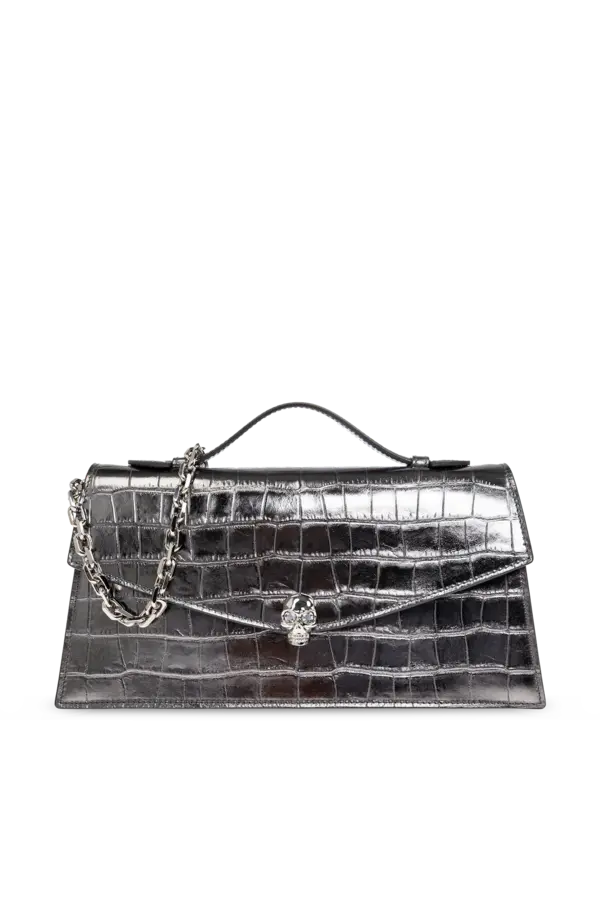 Alexander McQueen Skull Embellished Crocodile-effect Leather Bag - Silver