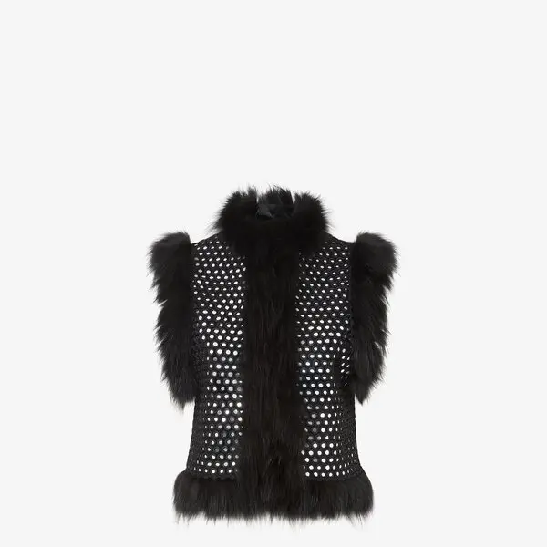 Fendi Wool Gilet With Mirror Embroidery And Fox Fur Trim - Black