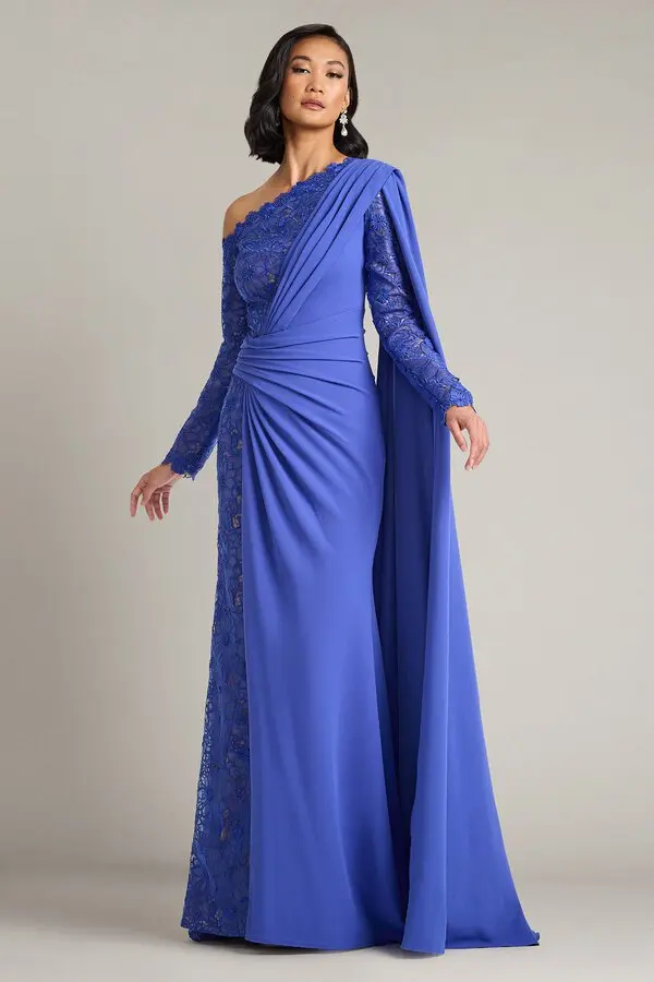 Tadashi Shoji Ravelle Embroidered Cape Gown - Blue Iris
