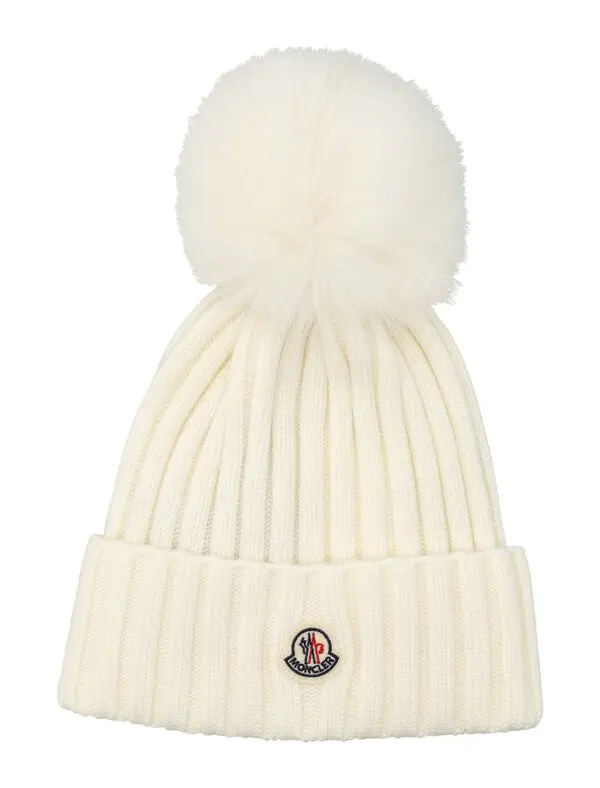 Moncler Ribbed Knit Pom Pom Beanie - Bianco