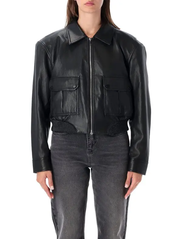 THE FRANKIE SHOP Cropped Faux Leather Zip Jacket - Nero