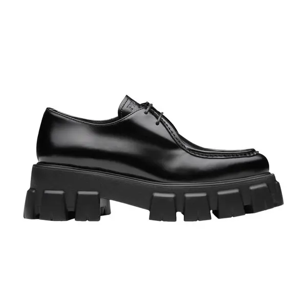 Prada Monolith Pointy Brushed Leather Lace Up - Black