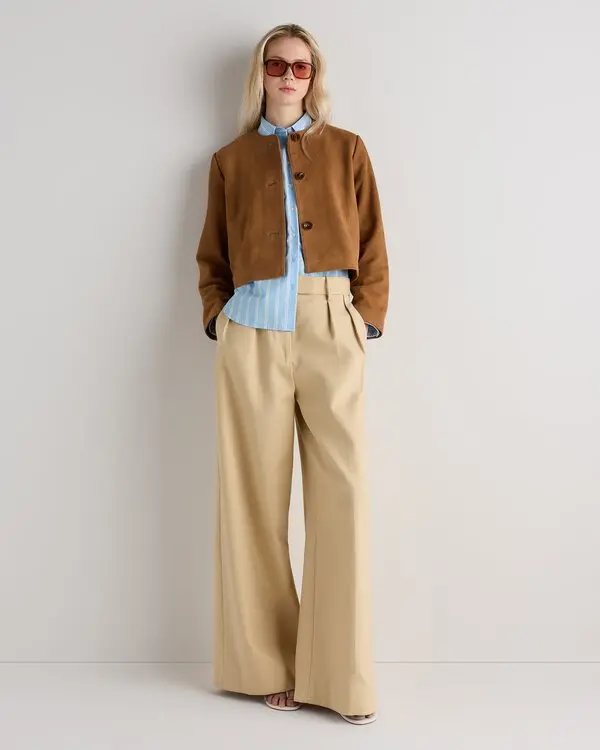 Quince 100% Suede Collarless Cropped Jacket - Cognac Brown