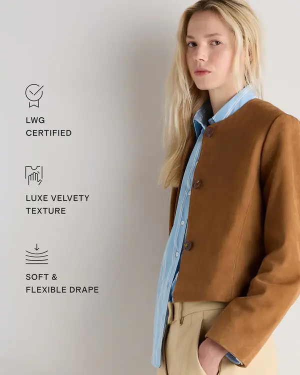 Quince 100% Suede Collarless Cropped Jacket - Cognac Brown