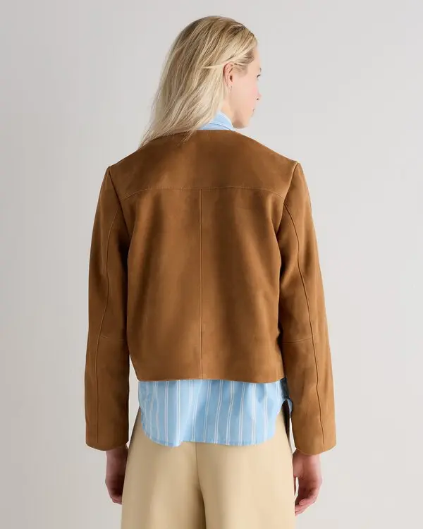 Quince 100% Suede Collarless Cropped Jacket - Cognac Brown
