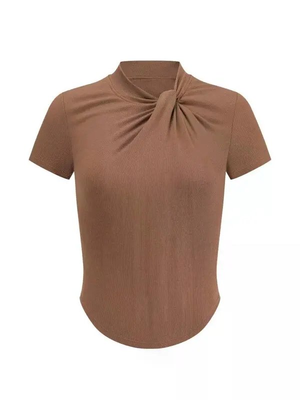 OUDE WAAG Knotted-neck Ribbed-knit T-shirt - Brown