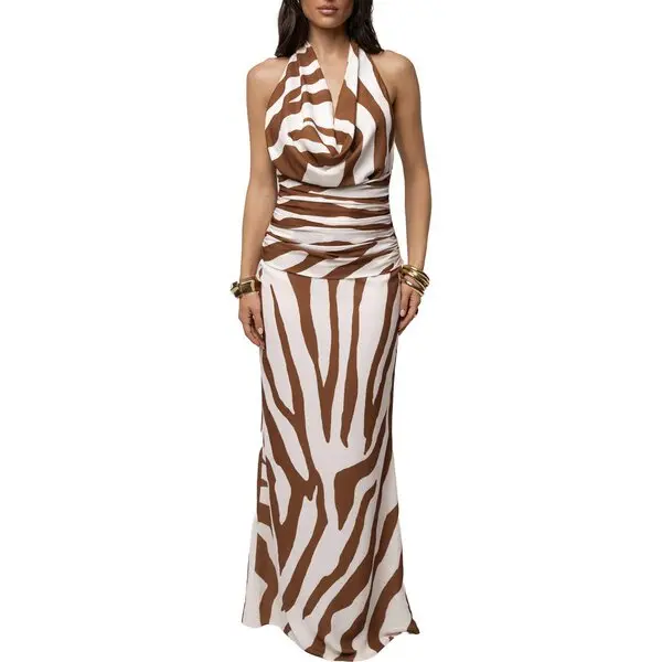 JLUXLABEL Zebra Impressions Plunge Maxi Dress - Brown