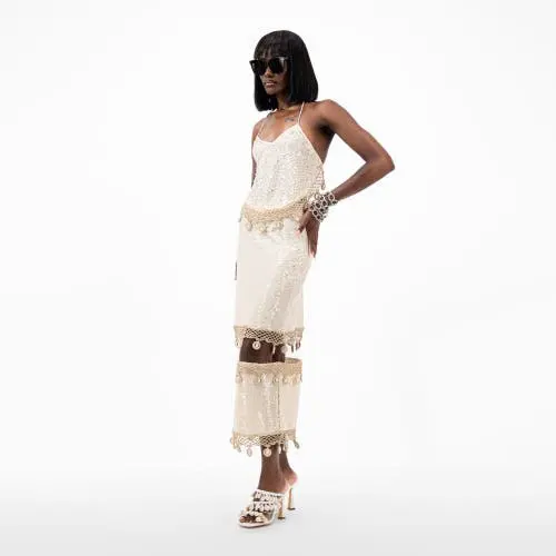 UCHÈ Floating Sequin Midi Skirt - Beige