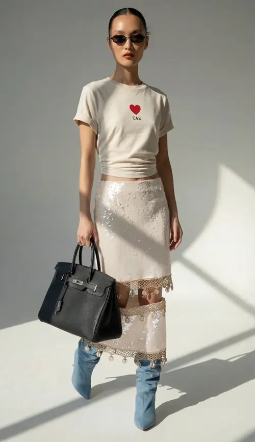UCHÈ Floating Sequin Midi Skirt - Beige