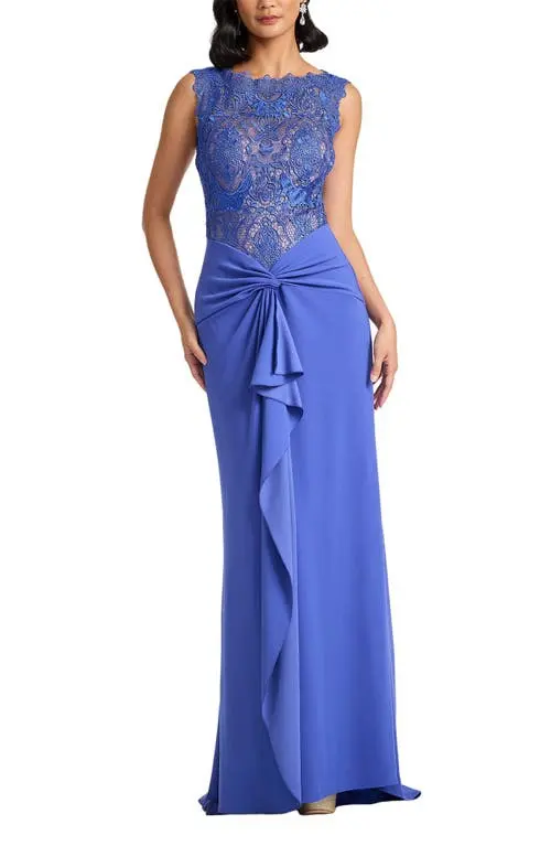 Tadashi Shoji Lace Bodice Twist Front Gown - Blue Iris