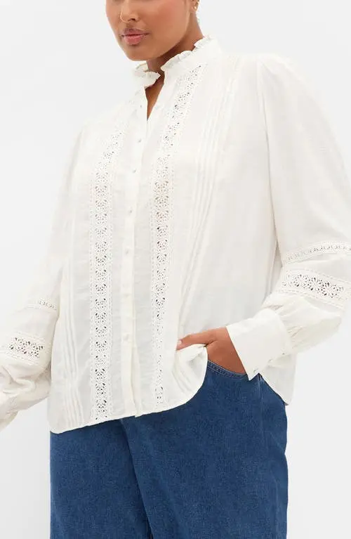 City Chic Whimsical Pintuck Lace Shirt - Cream