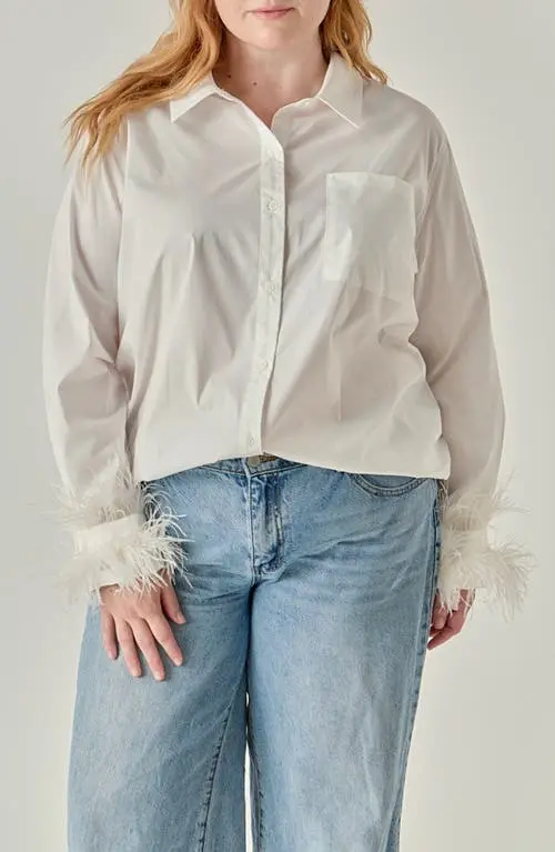 English Factory Faux Feather Trim Pointed Collar Shirt - White