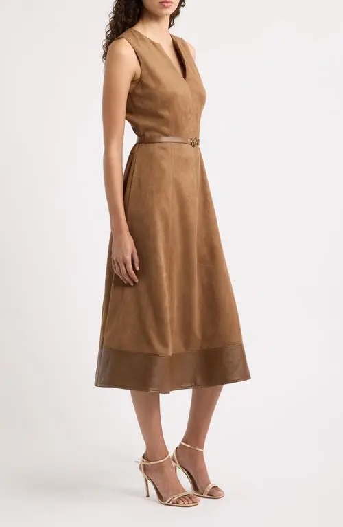 Elie Tahari Faux Suede & Faux Leather Midi Dress