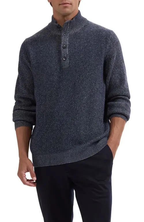Bugatchi Wool & Cotton Ribbed Mock Neck Sweater With Four-button Placket - Navy