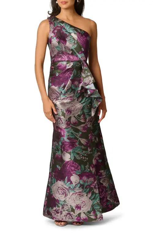 Adrianna Papell One-shoulder Floral Jacquard Gown
