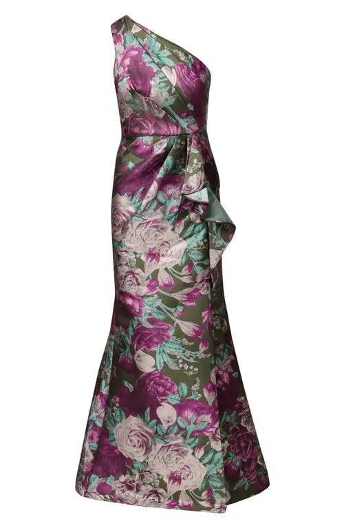 Adrianna Papell One-shoulder Floral Jacquard Gown