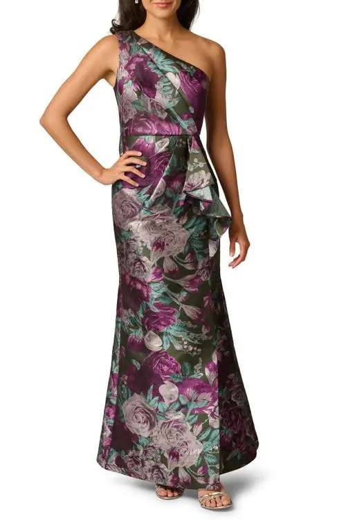 Adrianna Papell One-shoulder Floral Jacquard Gown - Green Multi