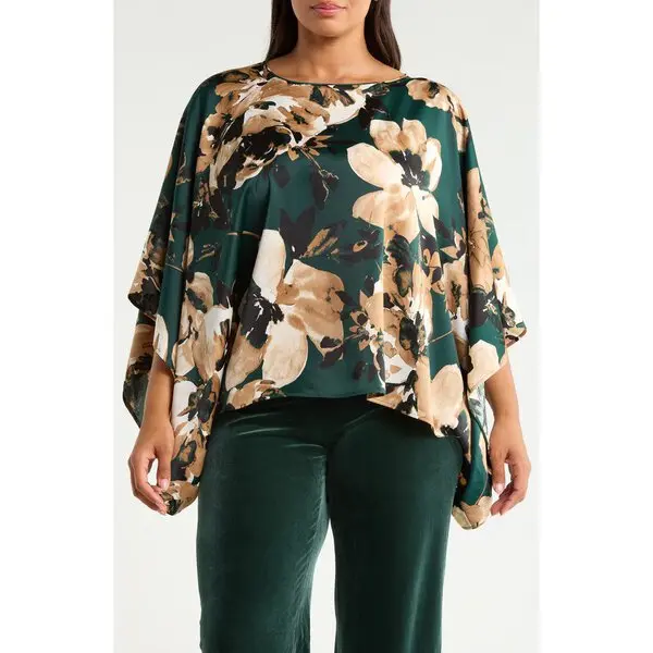 Anne Klein Floral Dolman Sleeve Cape Top - Pine Forest Multi