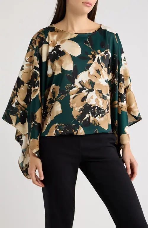 Anne Klein Bateau Neck Dolman Sleeve Cape Top - Pine Forest Multi