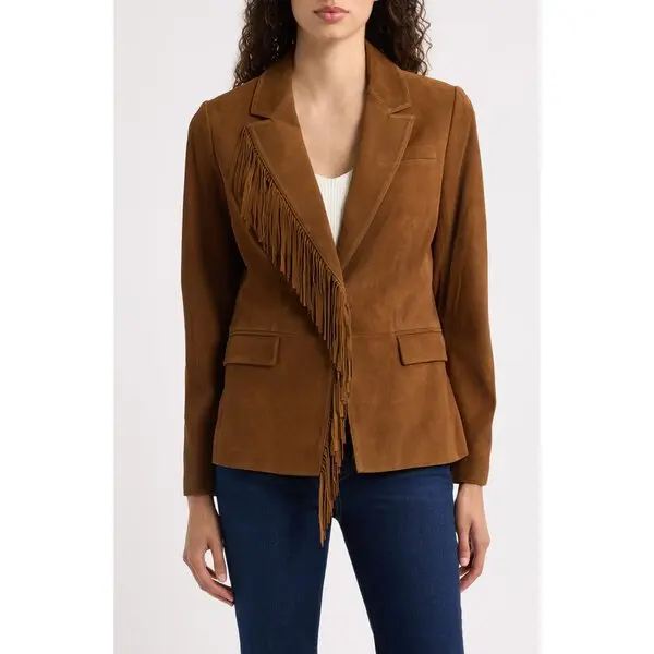 Elie Tahari Adeline Suede Leather Fringe Jacket - Dark Sable