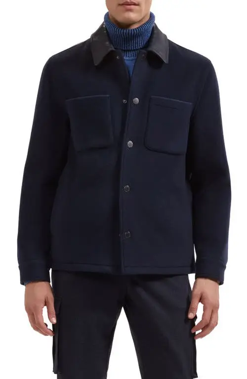 Bugatchi Leather Trim Shirt Jacket - Navy