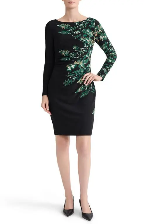 KASPER Floral Long Sleeve Side Pleat Dress - Black Multi