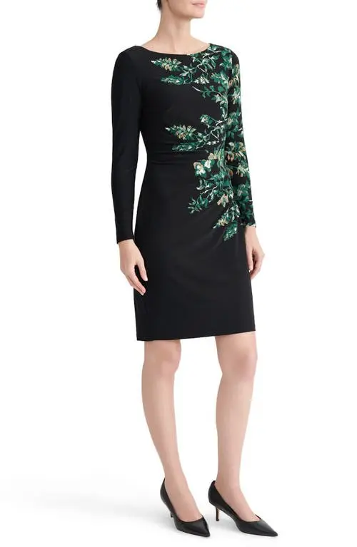 KASPER Floral Long Sleeve Side Pleat Dress