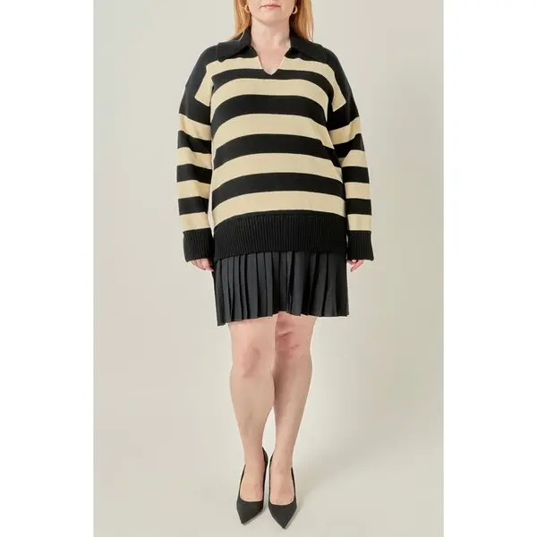 English Factory Mixed Media Striped Pleated Minidress - Black/nude