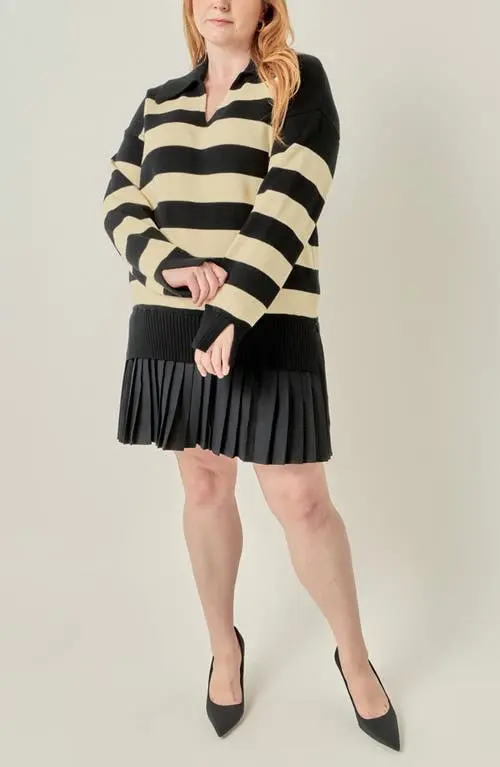 English Factory Mixed Media Striped Pleated Minidress