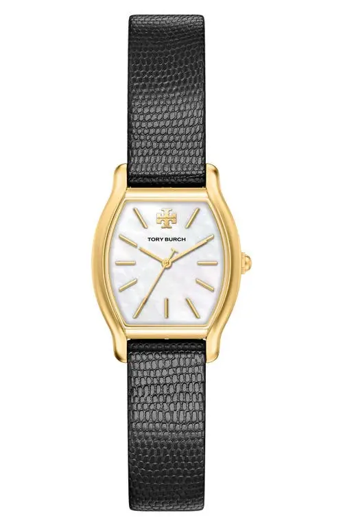 Tory Burch The Small Eleanor Small Curve Leather Strap Watch - Black