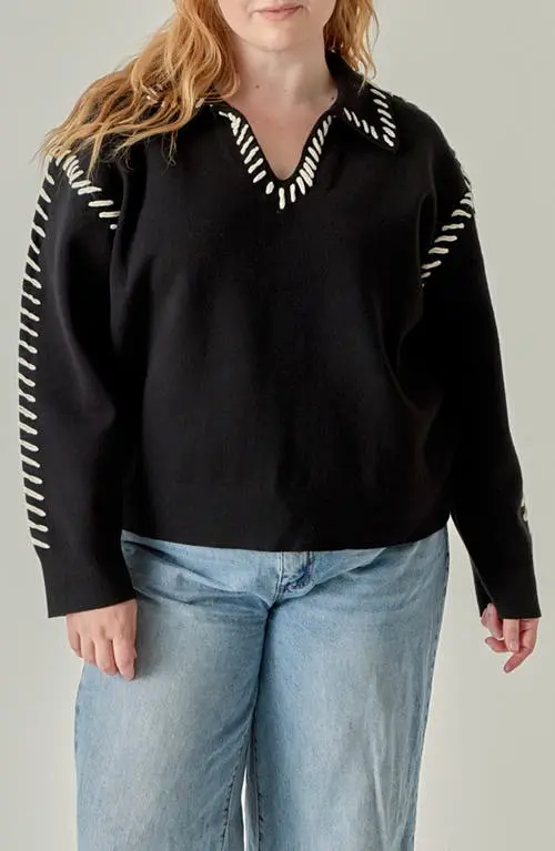 English Factory Blanket Stitch Detail Knit Top - Black/white