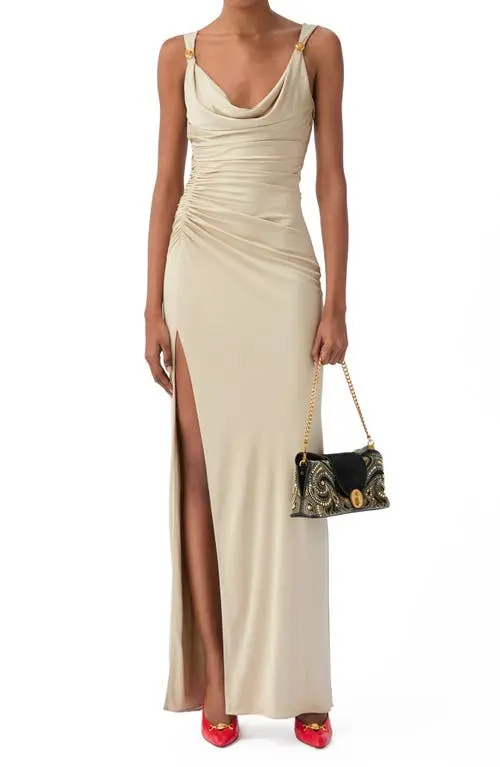 Versace Draped Liquid Jersey Gown With Medusa Hardware - Mastic