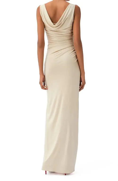 Versace Draped Liquid Jersey Gown With Medusa Hardware - Mastic