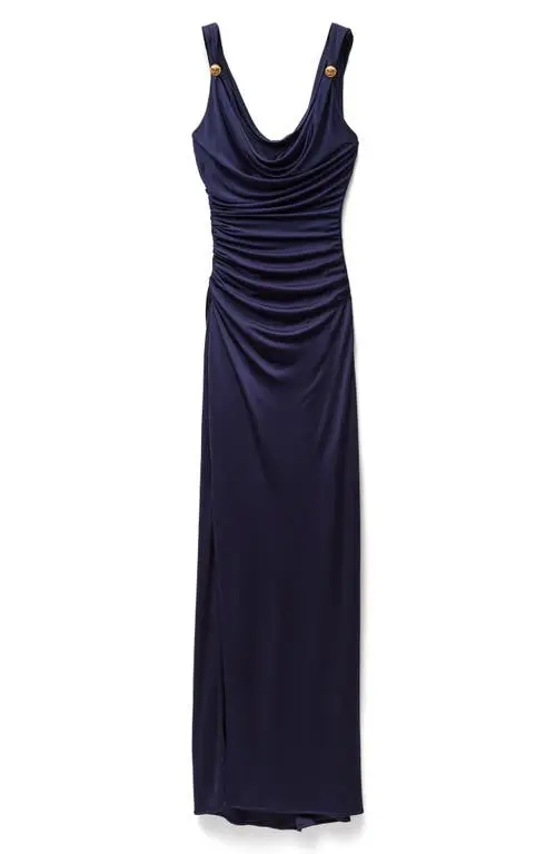 Versace Draped Liquid Jersey Gown - Navy