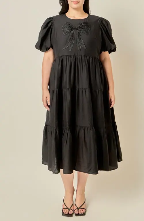 English Factory Bow Puff Sleeve Midi Dress - Black