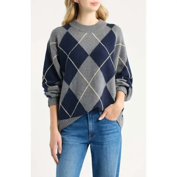 REFORMATION Oversized Recycled Cashmere & Wool Argyle Sweater - Thunder Multi Argyle